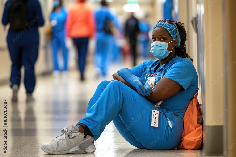 A Black nurse sits on the floor in blue scrubs, wearing a face mask ...