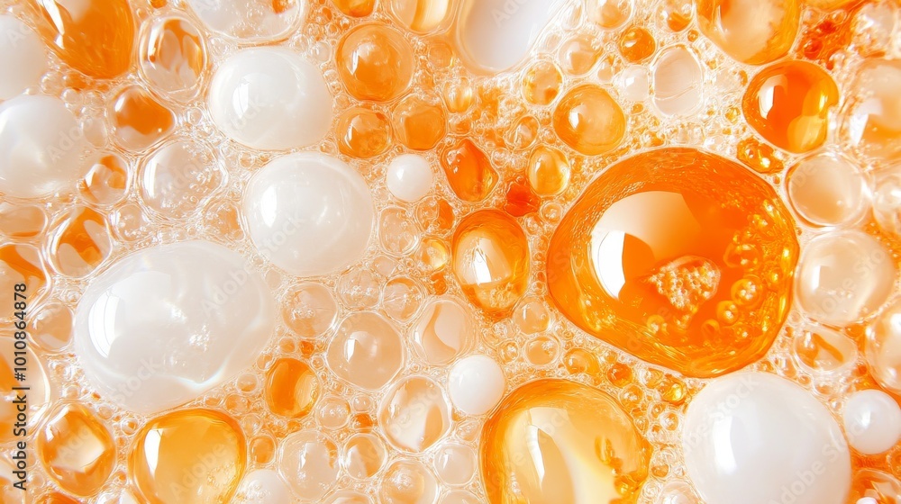 2410_067.close-up of shimmering amber droplets, varying sizes of ...