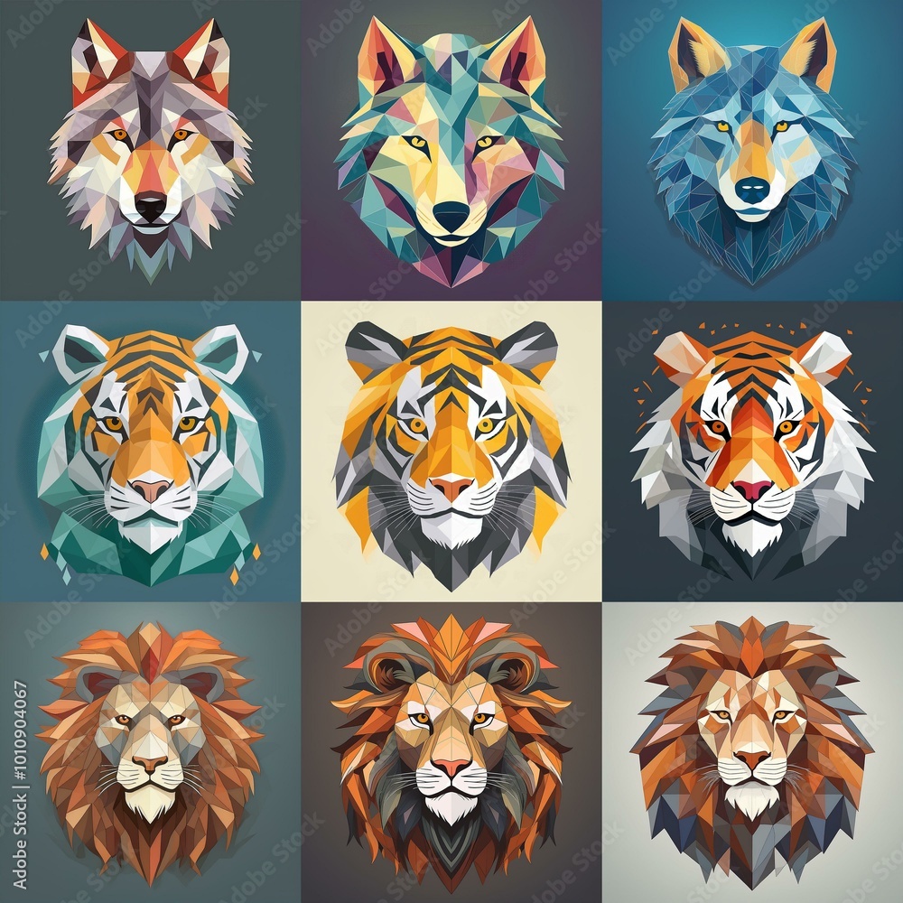 A digital illustration of three different wild animals with their heads ...