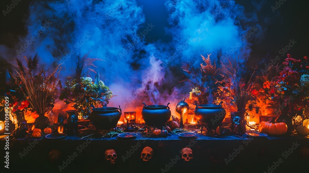 43. A spooky table setup with bubbling cauldrons, glowing pumpkins, and ...