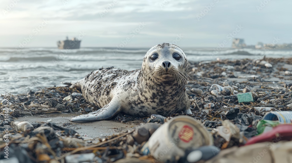 Environmental crisis - Photorealistic seal on polluted beach with oil ...