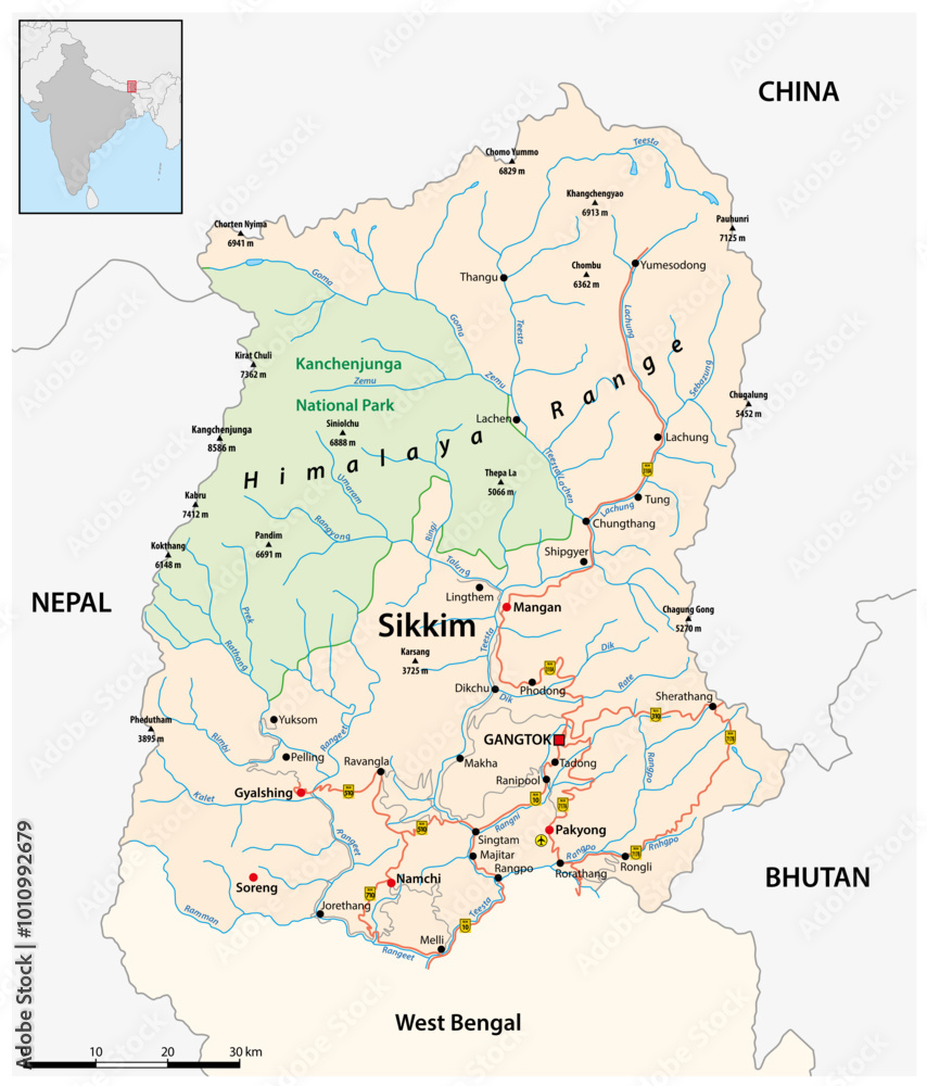 Road map of the Indian state of Sikkim Stock Vector | Adobe Stock