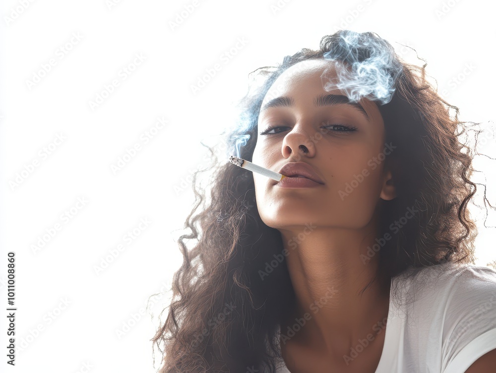 Woman with tousled hair, smoking a cigarette, expression of calm ...