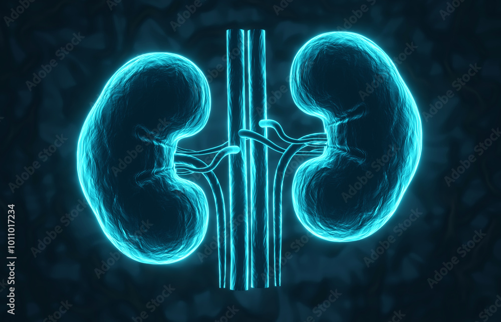 Glowing human kidneys on blue background. X-ray hologram. Kidneys for ...