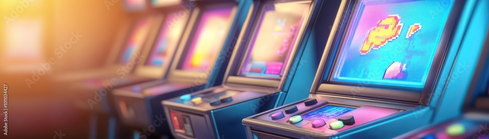 Colorful arcade machines line up, inviting players to enjoy classic ...