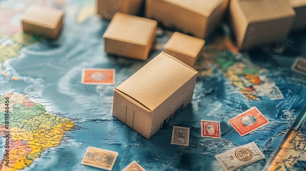 World Map with Cardboard Boxes and Stamps Stock Illustration | Adobe Stock