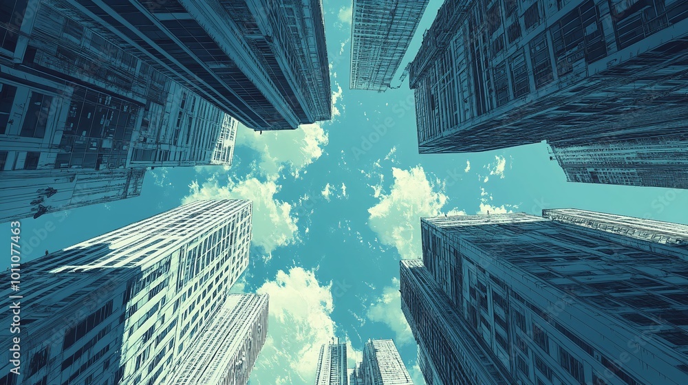 upward view of a city skyline from ground perspective featuring ...