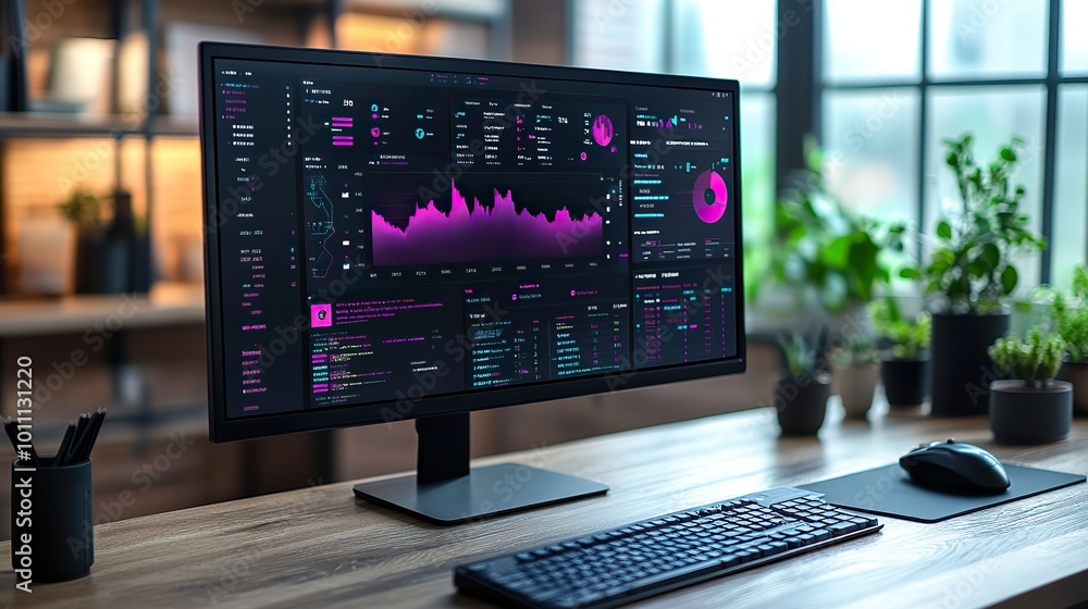 computer monitor displaying an abstract network monitoring dashboard with real time data ...