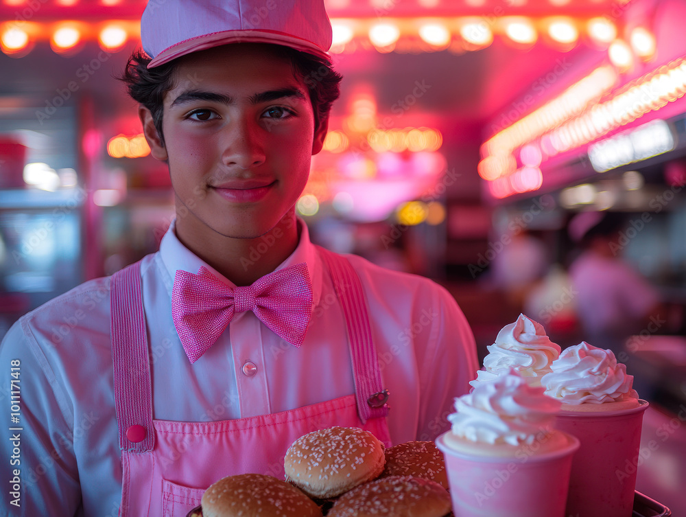 Young diner employee in pink uniform serving burgers and milkshakes ...