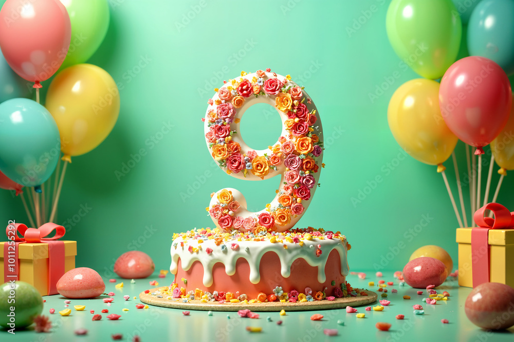 9th birthday card. Large, colorful birthday cake with the number nine ...