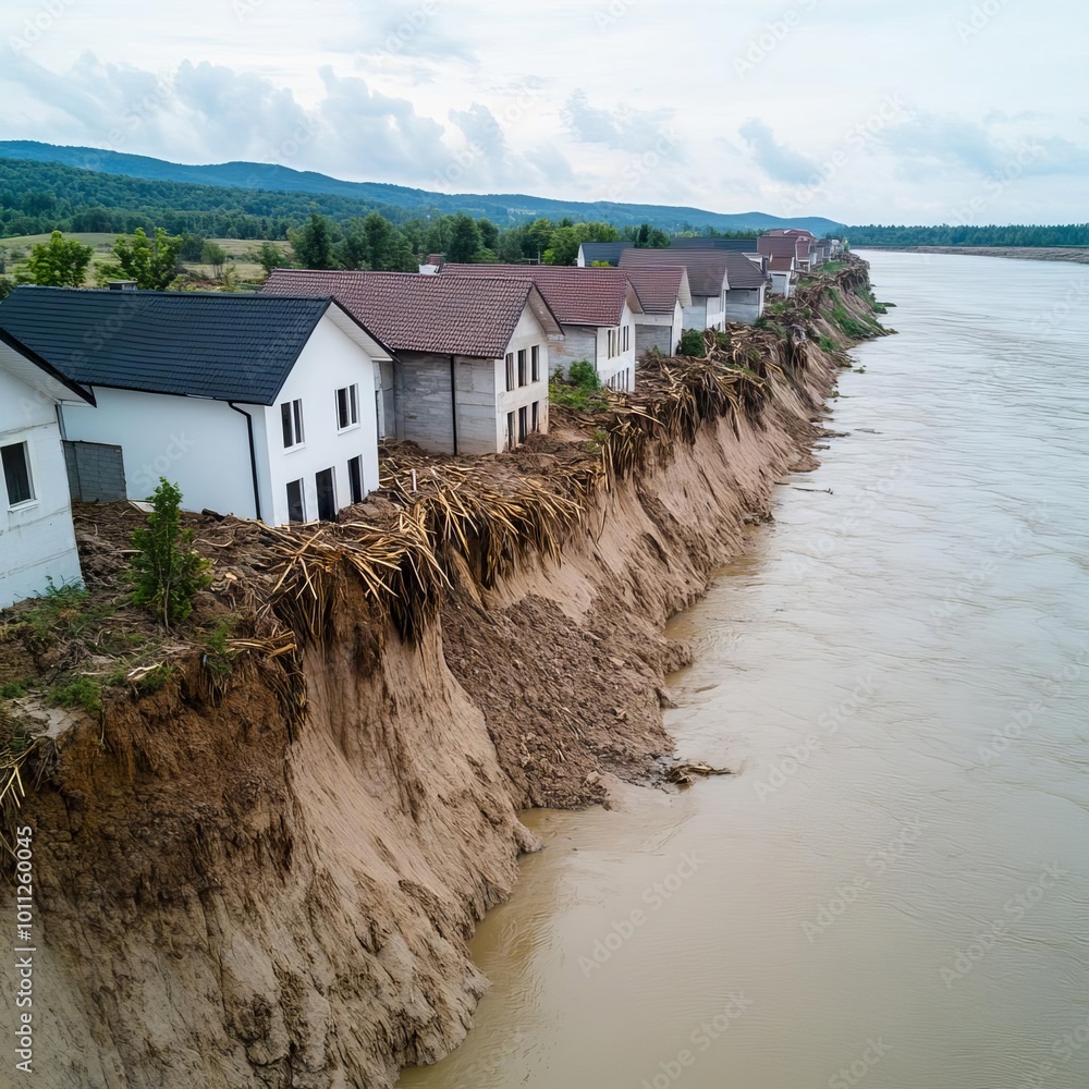 Collapsing homes along eroded riverbanks during a flood, showing the ...