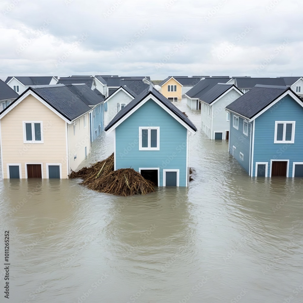 Homes collapsing into a flooded river, symbolizing the relentless power ...