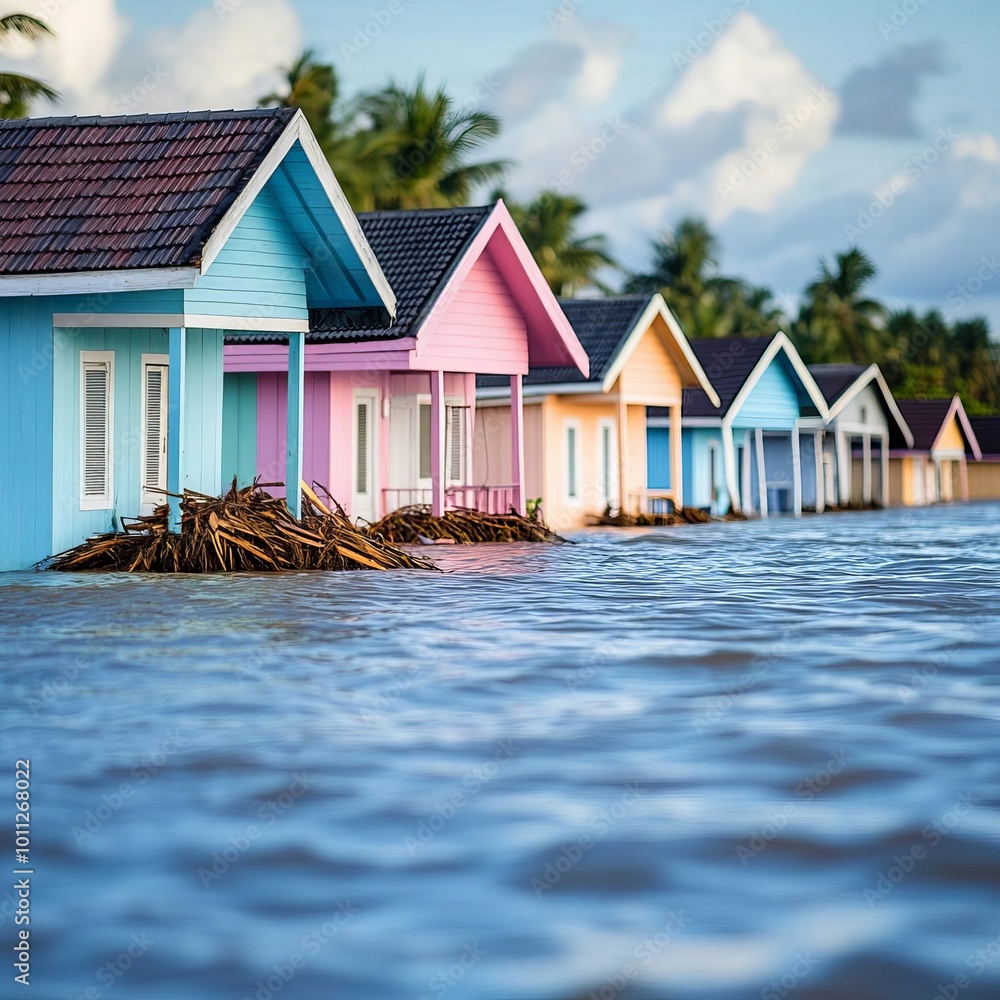 Riverbank erosion collapsing houses into rising water, showing the ...