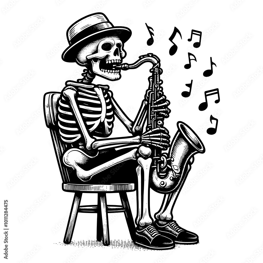 skeleton playing jazz on saxophone, musical notes floating around. Fun ...