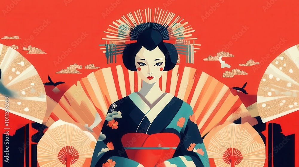 Geisha flat design front view cultural theme animation triadic color ...