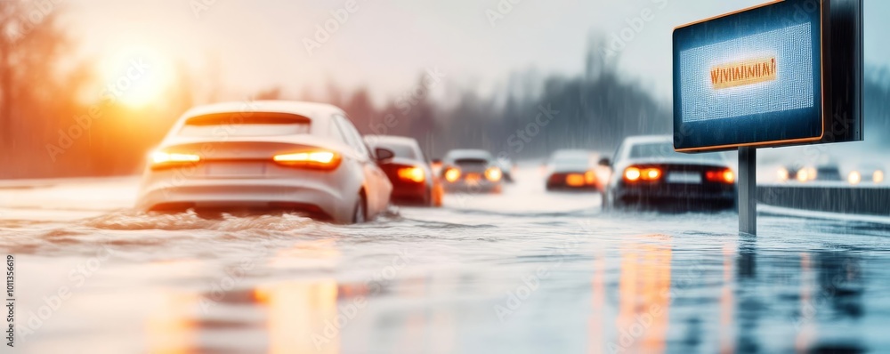 A digital flood warning system on a highway billboard, cars reversing ...