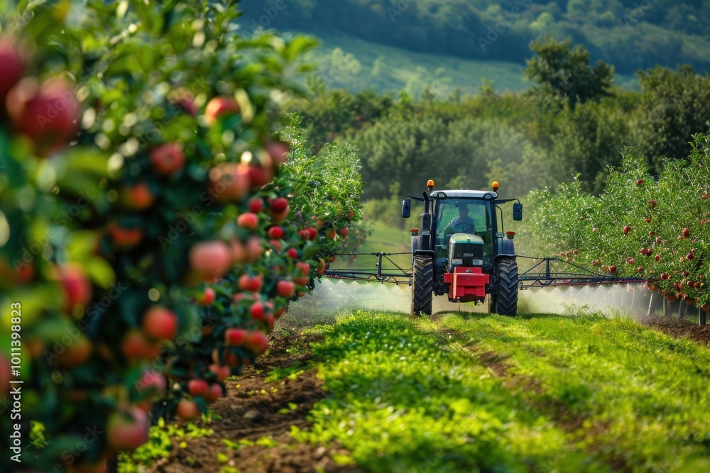 photograph of Spraying apple orchard to protect against disease and ...