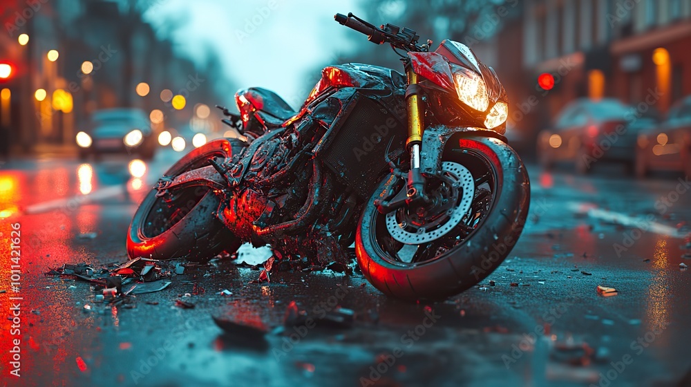 a devastating traffic collision scene showing damaged motorcycle after ...