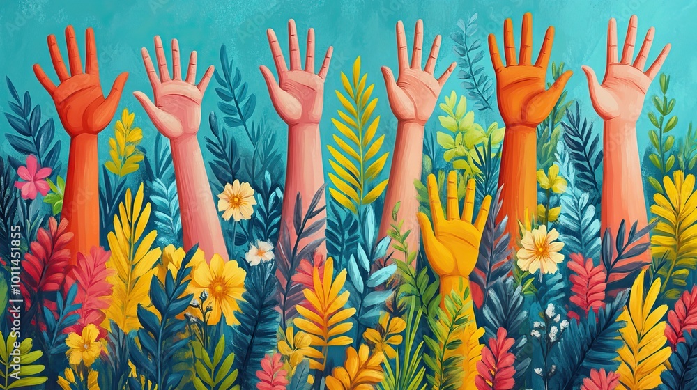 an illustration showcasing collection of diverse ,colorful hands raised ...