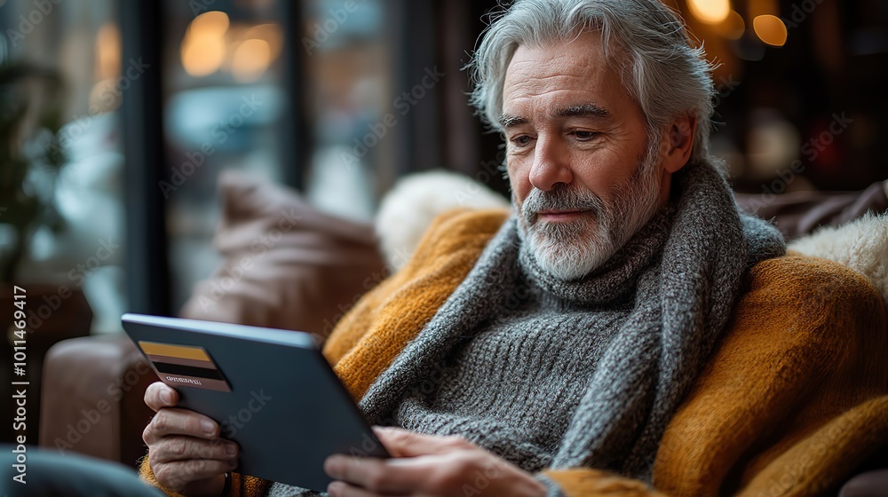 elderly man using credit card for online shopping on tablet ...