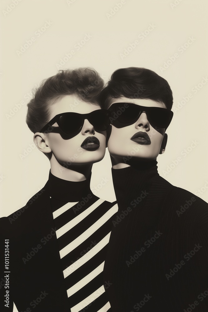 High-contrast fashion photograph of two androgynous male models wearing ...