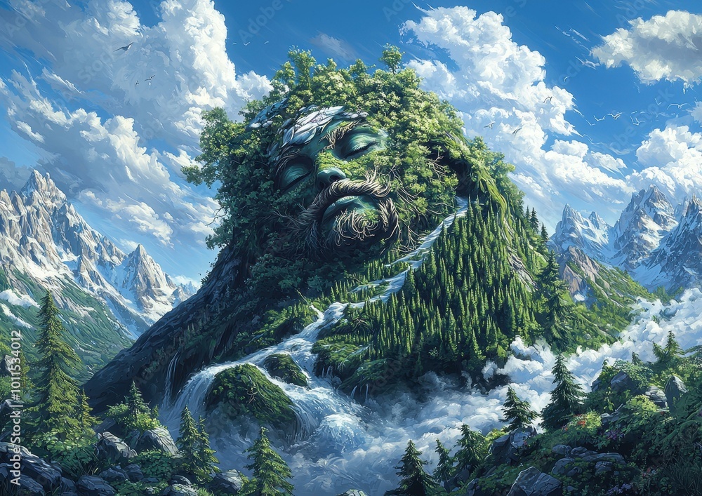 Earth Goddess Emerges from Mountain Flowing Forests and Rivers ...