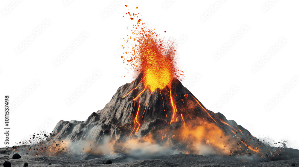Erupting volcano with lava flowing on transparent background, cut out ...