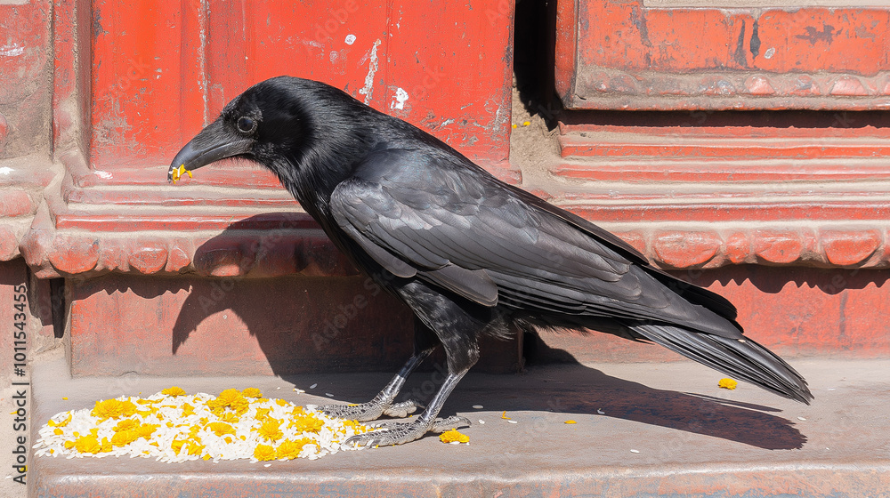 crow eats rice offerings during the Pitru Paksha ritual, representing ...