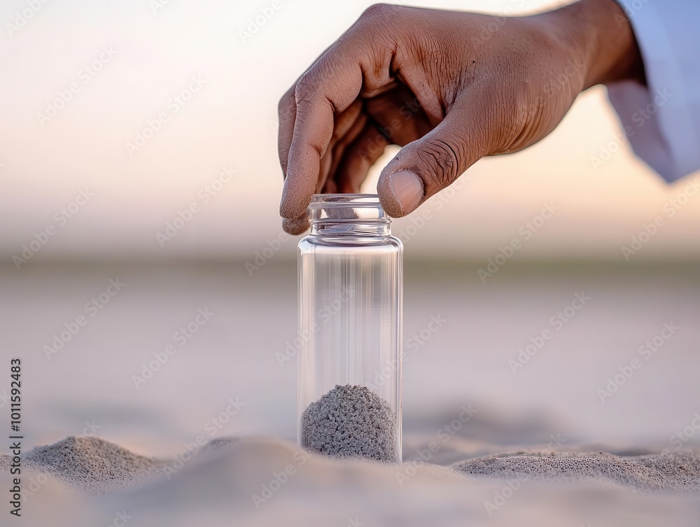 Lab technician placing sand particles into permeability test device ...