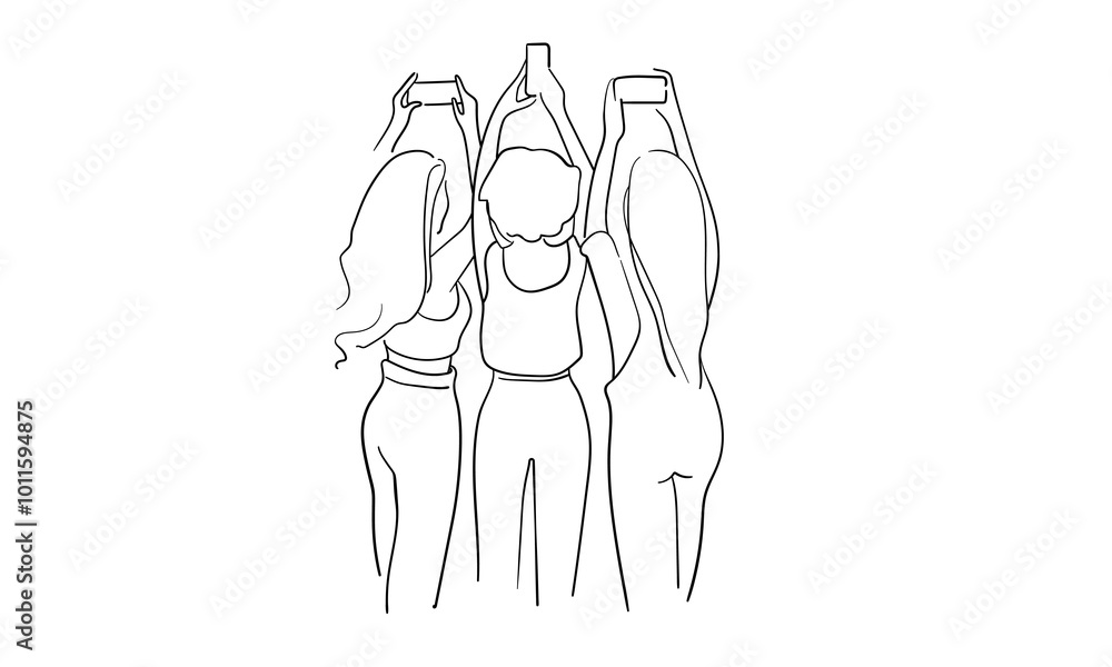 3 girlfriends taking pictures continuous line art drawing isolated on ...