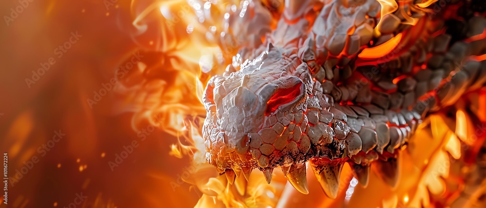 Dragon made of fire, roaring with flames pouring from its mouth, in a ...