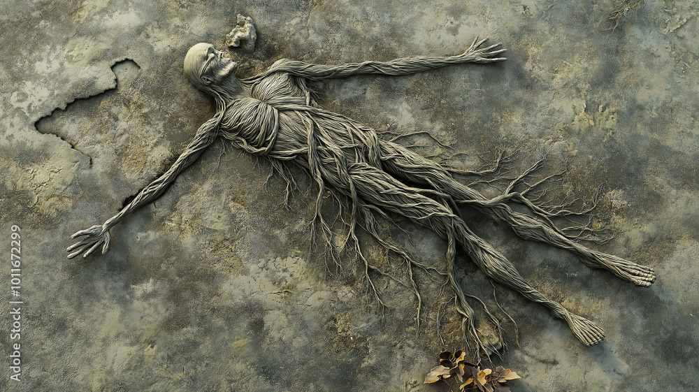 A human figure slowly transforming into a tree, roots growing into the ...
