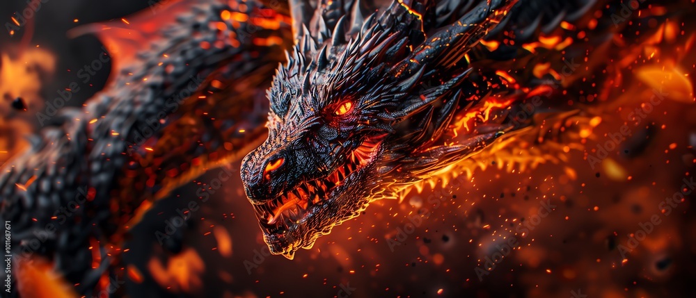 Dragon made of fire, roaring with flames pouring from its mouth, in a ...