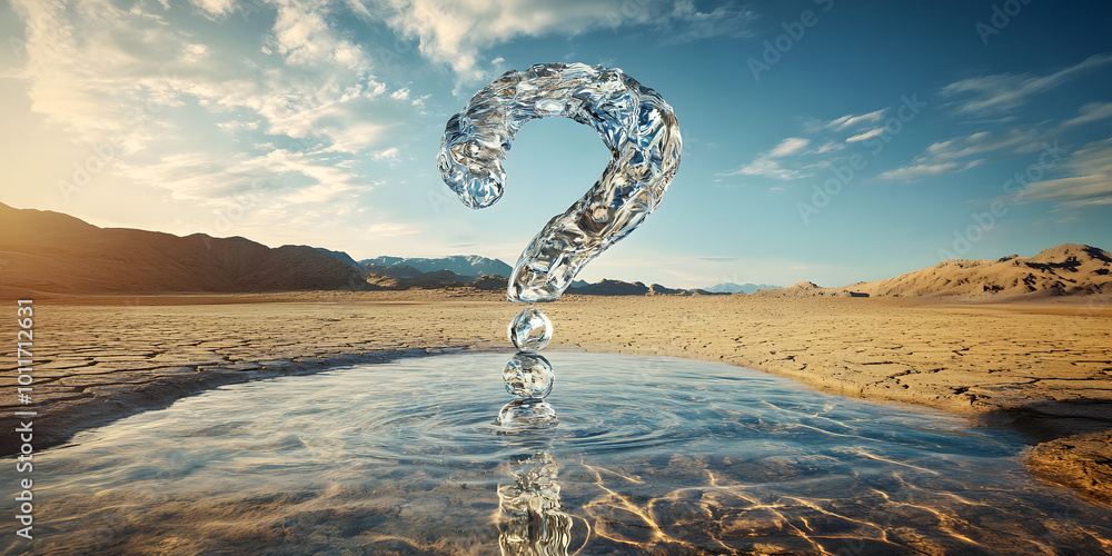 Question mark made of clear water floating in mid-air over a dry desert ...
