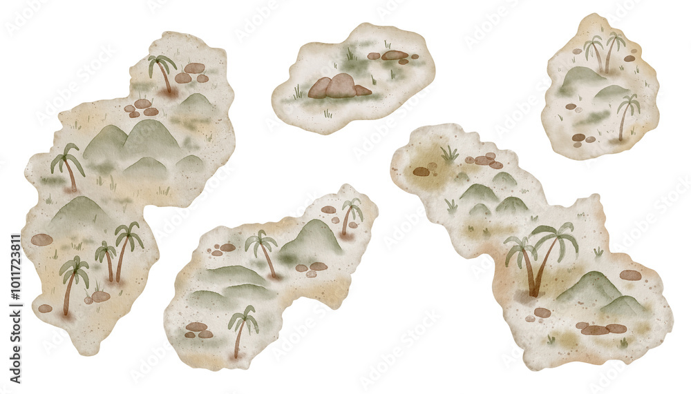 Maps of Islands watercolor illustrations set. Drawing of continent for ...