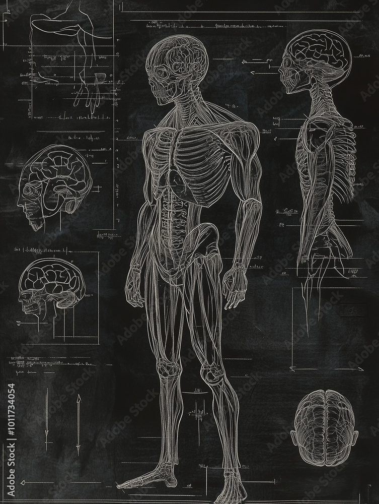 Zombie engineering anatomical drawing - a blueprint with technical ...