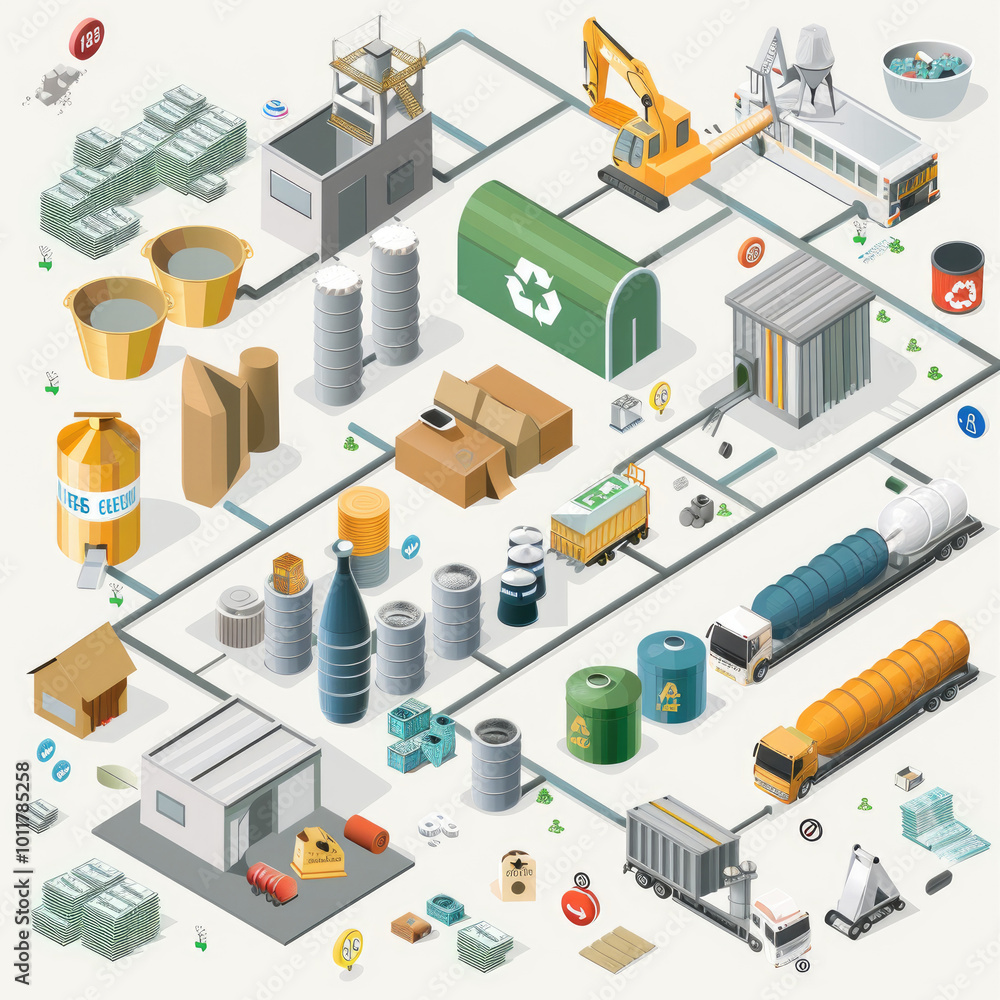 Isometric Illustration of a Modern Recycling Plant with Various Stages ...
