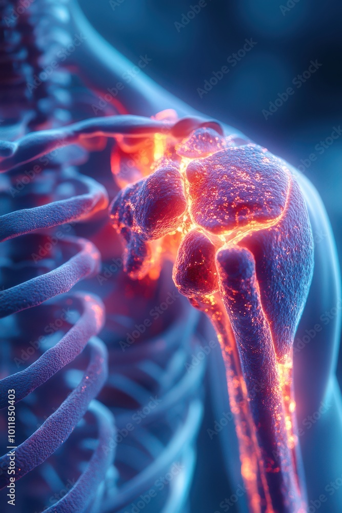 Digital animation depicting shoulder joint inflammation with bright ...