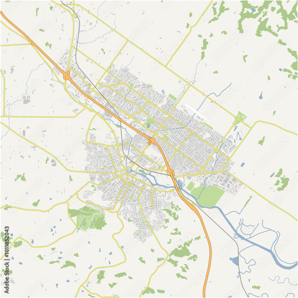 Map of Petaluma in California in a normal road map style. Contains ...