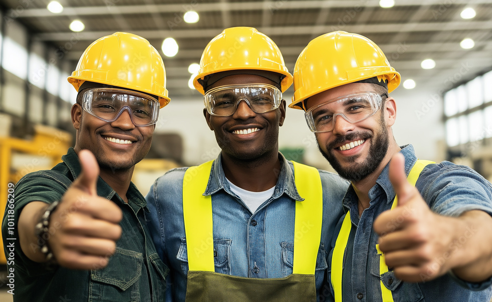 Three smiling construction workers wearing hard hats and safety vests, giving thumbs up in a ...