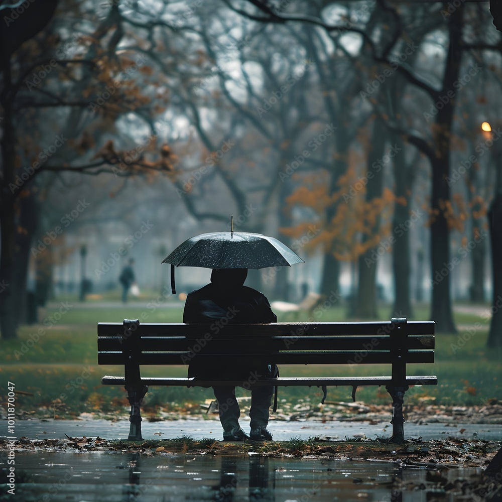 Solitary person sitting on park bench in the rain umbrella discarded ...