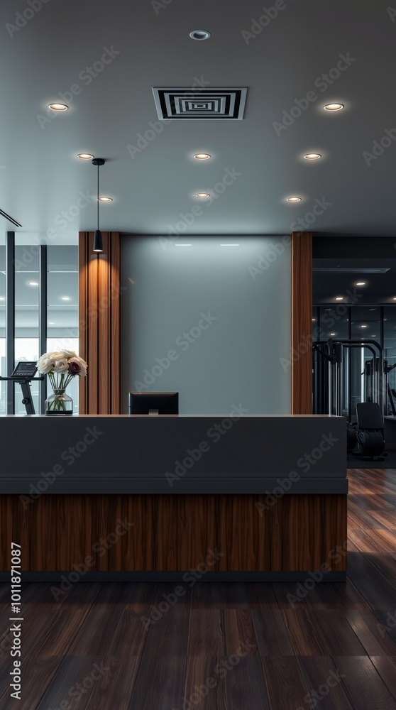 Reception area with reception desk in gym fitness center gym room Ultra ...