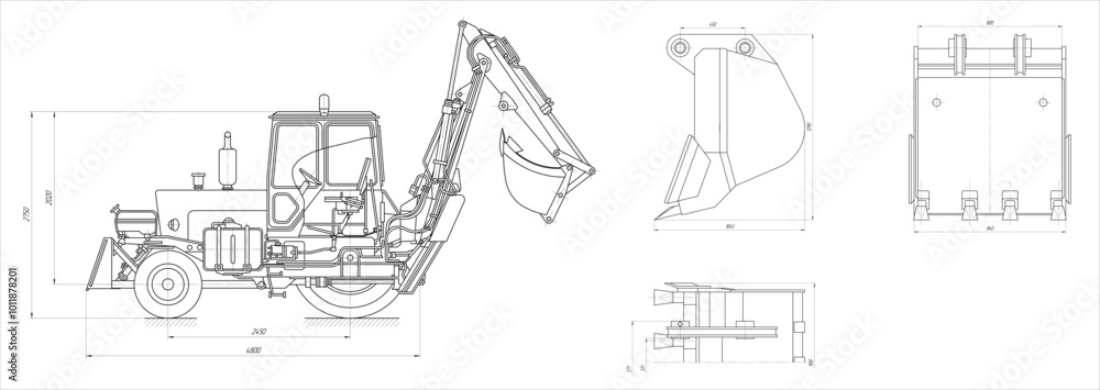 Vector earthmoving machine with bucket. Technical drawing of tractor ...