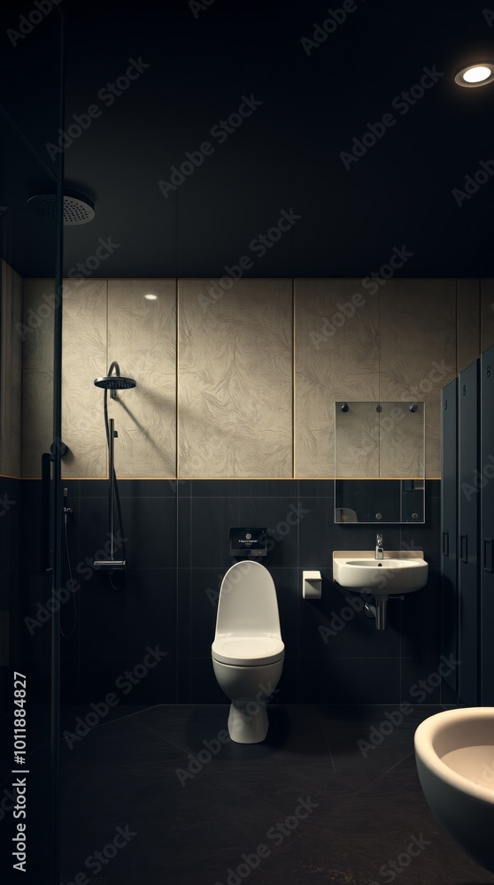 Public shower interior with everal showers toilet sink and lockers in locker room in luxury ...