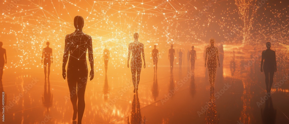 Design a glowing web of human figures connected by subtle lines ...