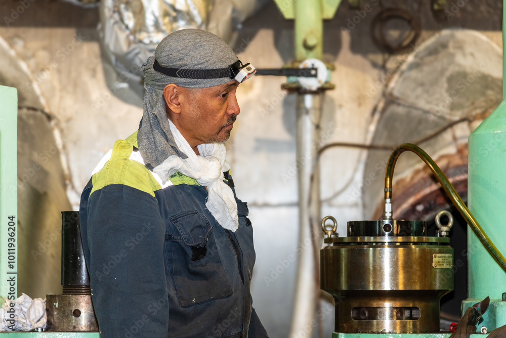 A close-up of the upper body and head of an engine room crew member ...