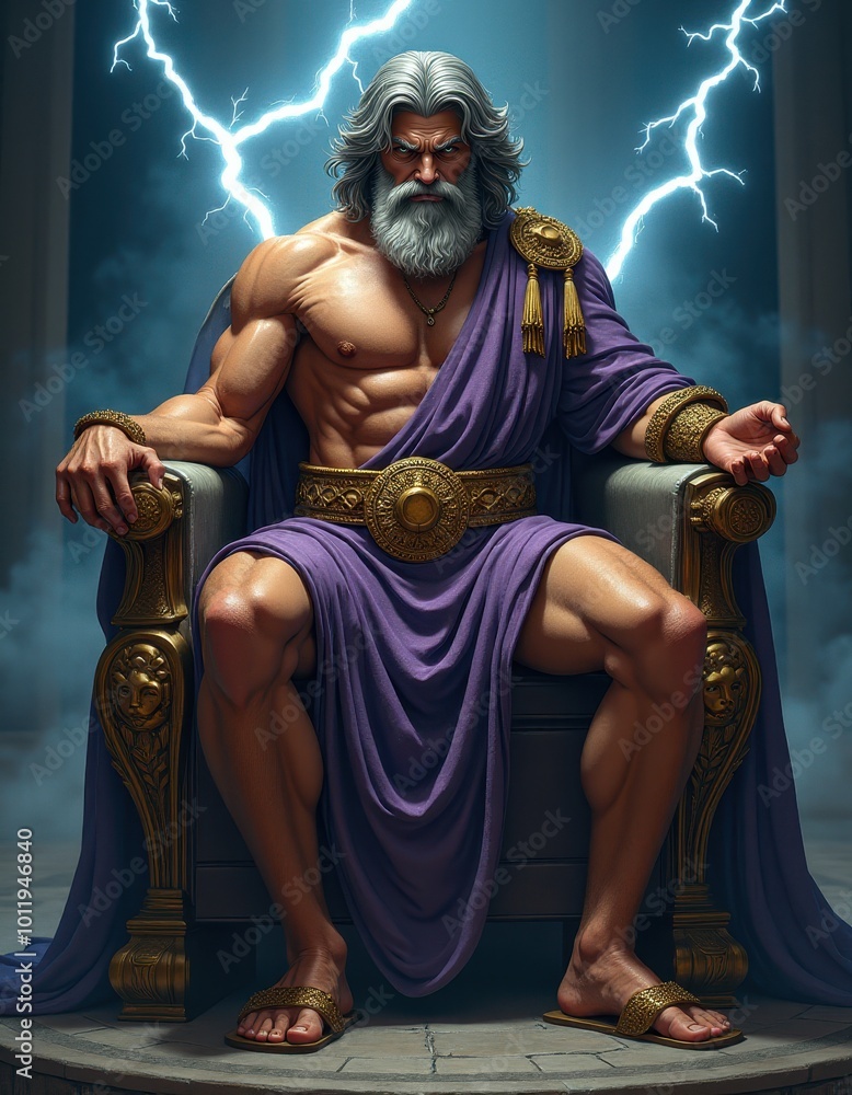 Zeus, the Greek god of thunder, sits on his golden throne, wearing a ...