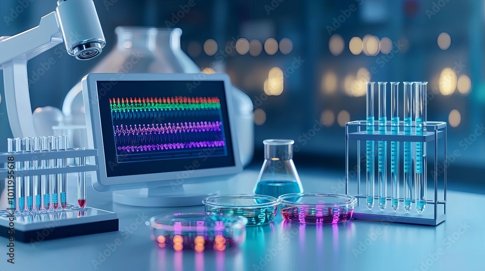 Genomic data analysis tools on display, petri dishes and digital ...