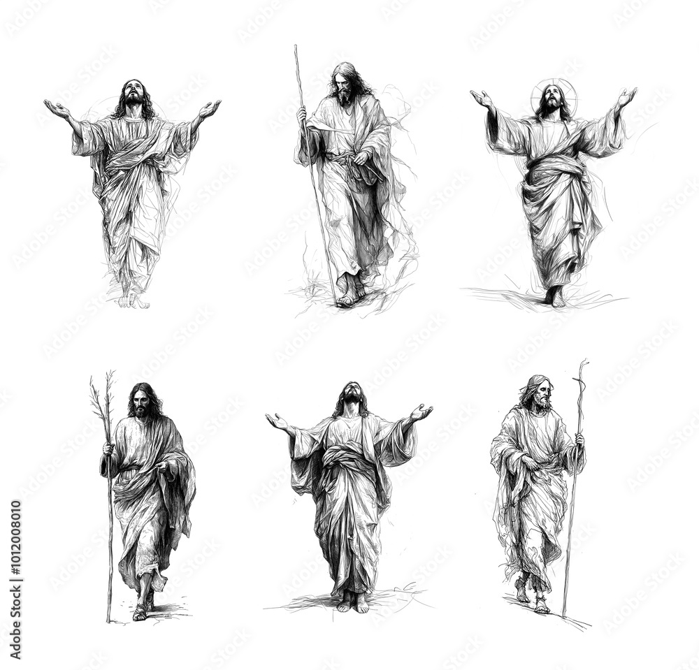 Jesus Christ in various poses and stances. Doodle sketch illustration ...