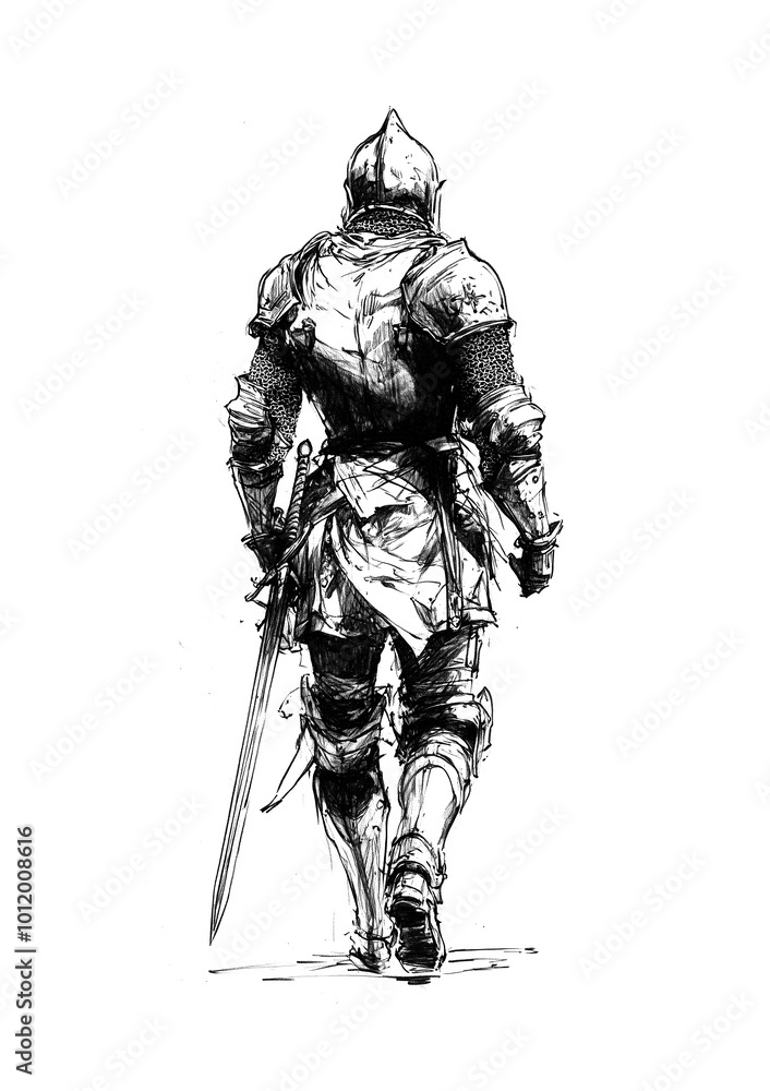 Knight in full armour. Holding a sword. Doodle sketch line art style ...